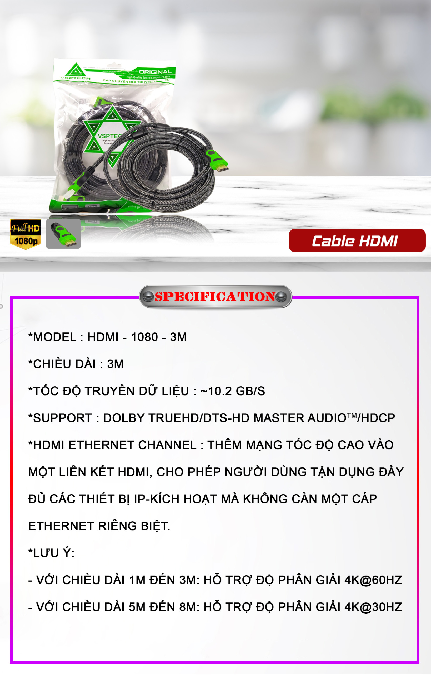 Cáp HDMI chuyển đổi và truyền tín hiệu VSPTECH 1.5M - Điện Thoại Di Động MINH ĐỨC